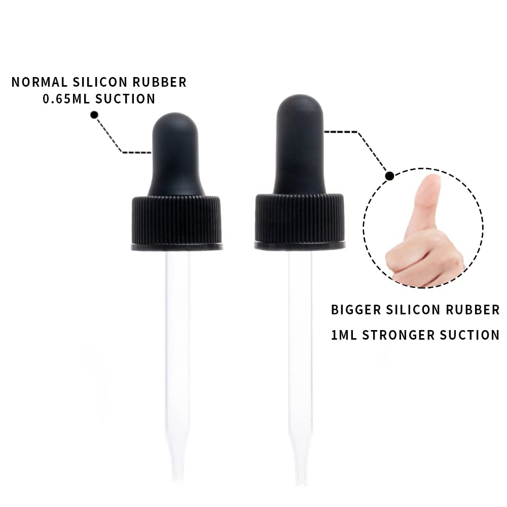 JHCFillé 1oz (30ml) Dropper Bottles, Clear Glass Boston Round Bottle with Glass Eye Dropper, Tincture Bottles with Dropper, Silicon Bulb with 1ml Strong Suction, Pack of 6.