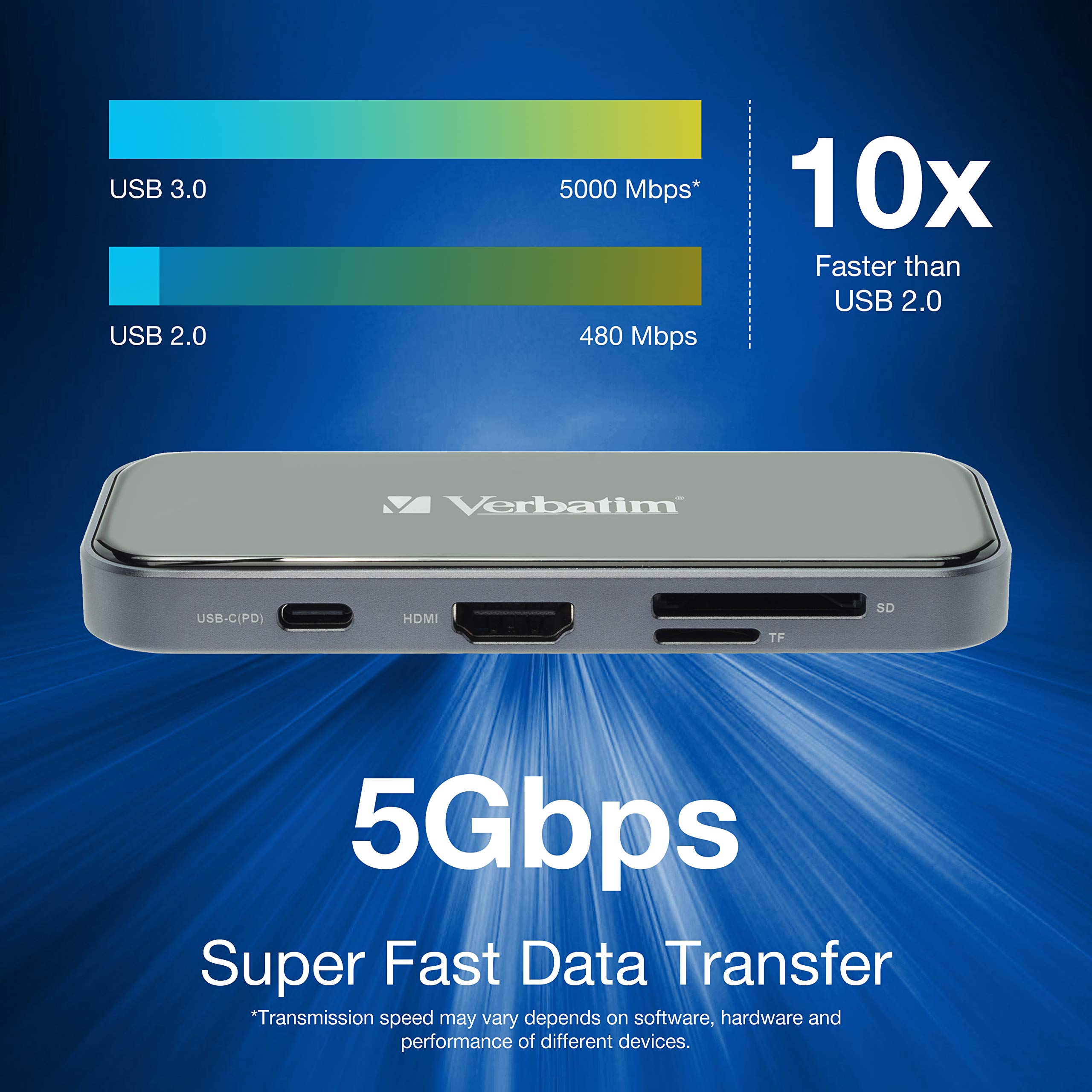 Verbatim 8-in-1 USB C Hub w/Dongle - USB Hub for Laptop w/ 100W PD, 2 USB 3.0 Ports, 2 USB C Ports, SD Card Readers, HDMI, 3.5mm Audio Port, Compact USB-C Hub