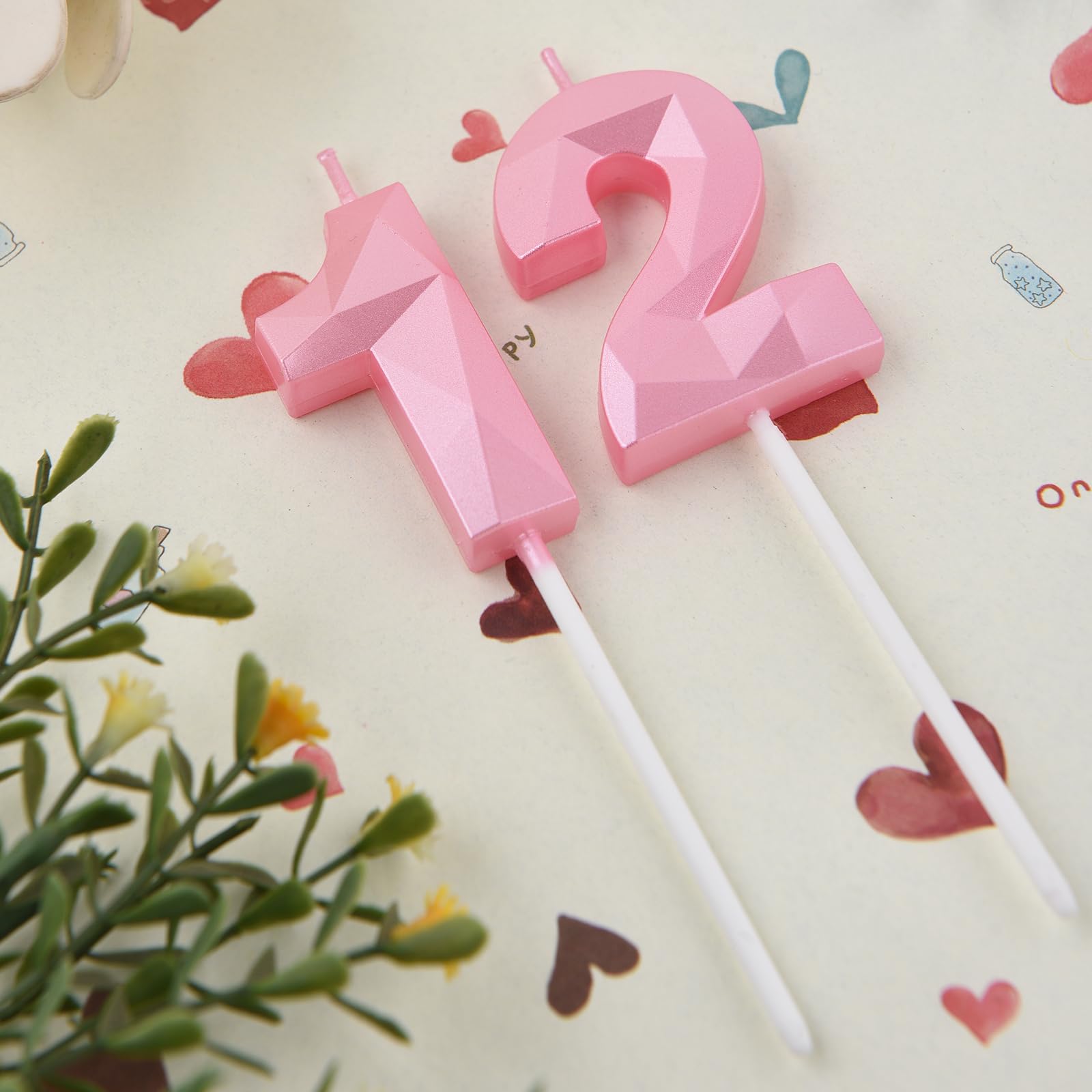 2 inch Pink 12 & 21 Birthday Candles, 3D Diamond Number 12th & 21st Cake Topper for Boys Girls Birthday Party Decorations Theme Party