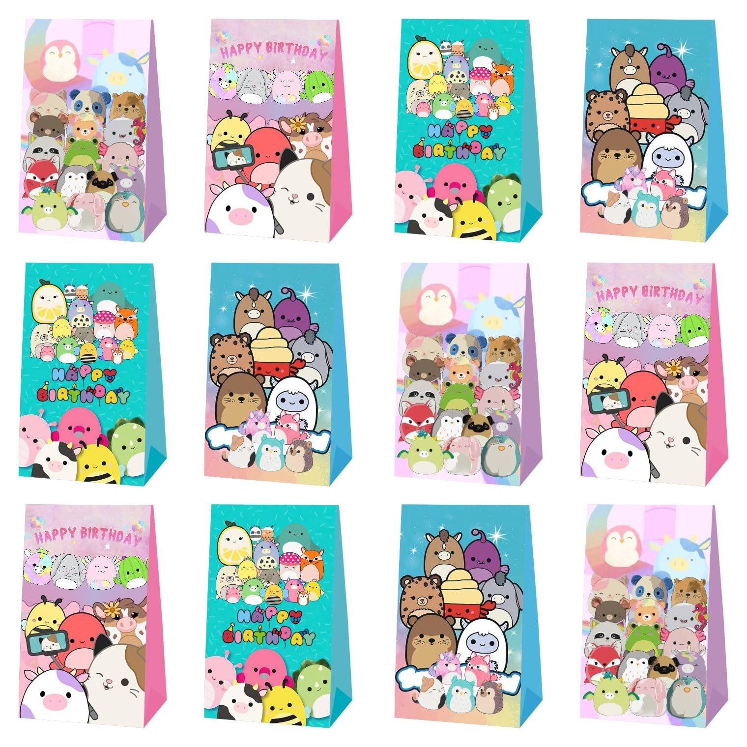 12Pcs Squishmallow Party Favor Goodie Bags Gift Bags, 4 Different Pattern, Squishmallow Birthday Party Supplies Decorations