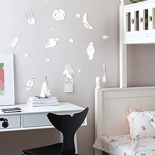 14Pcs Astronaut Space Rocket Mirror Wall Decal Stickers, Outer Space Planet Wall Decals, 3D Acrylic Space Bedroom Decor, Spaceman Spacecraft Vinyl Wall Art DIY for Boys Girls Room, Silver