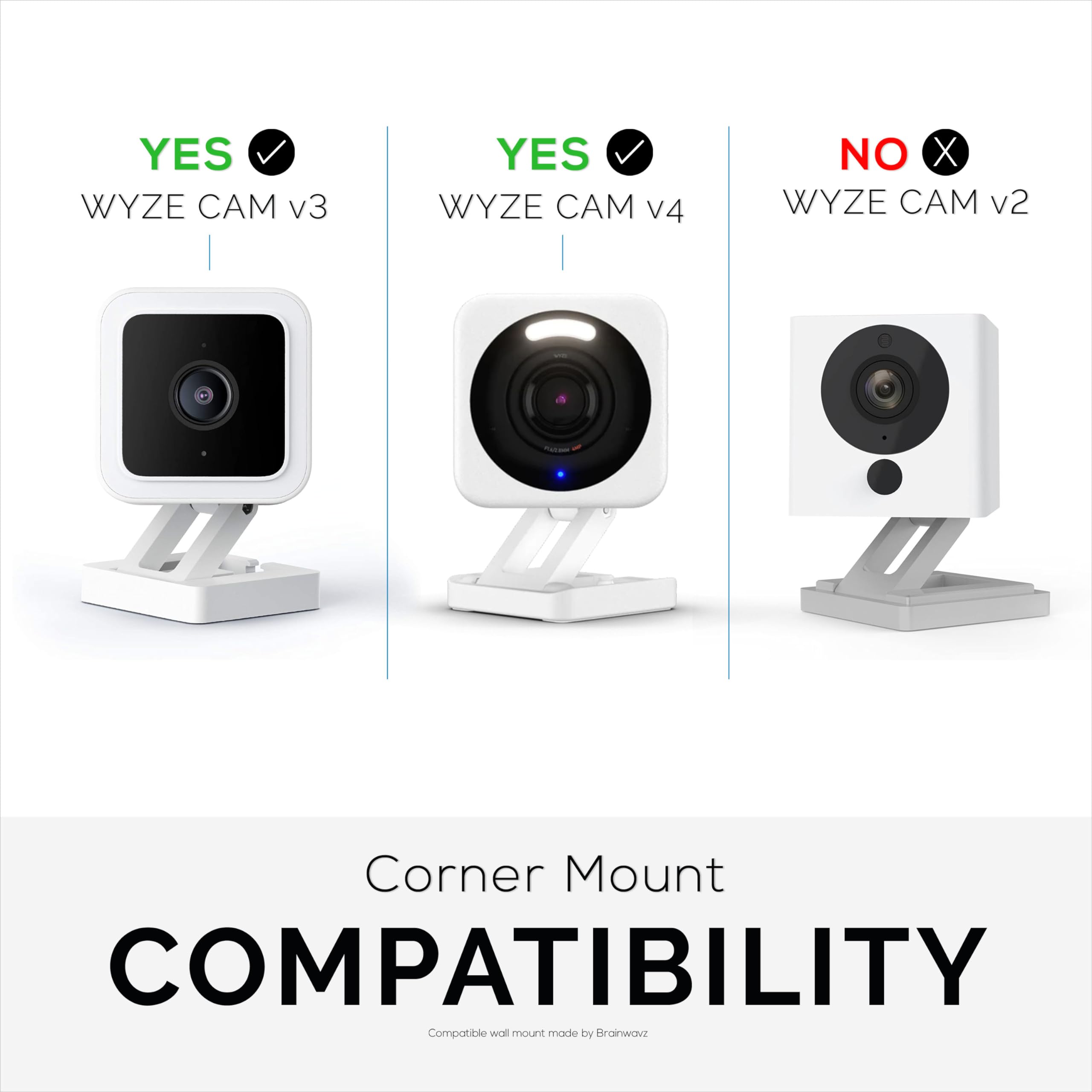 BRAINWAVZ Screwless Corner Mount for Wyze Cam v3 & v4, VHB Stick On - Easy to Install, No Tools Needed, No Mess, No Drilling, Strong Adhesive Mount, White