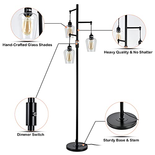 Airposta 3 Lights Industrial Floor Lamp with On/Off Dimmable Switch, 3-Head Rustic Tree Standing Lamp, 40W Retro Torchiere Floor Light for Living Room, Reading, Office, Bedroom, 2-Years Warranty