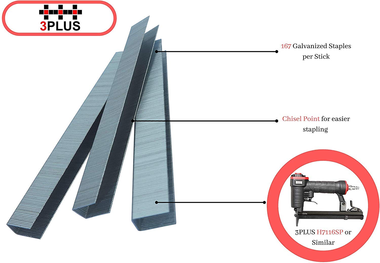 3PLUS 71/16 22 Gauge 3/8-Inch (9mm) Crown 5/8-Inch Leg Length Galvanized Fine Wire Staples, 10,000 per Box, 71 Series Staples