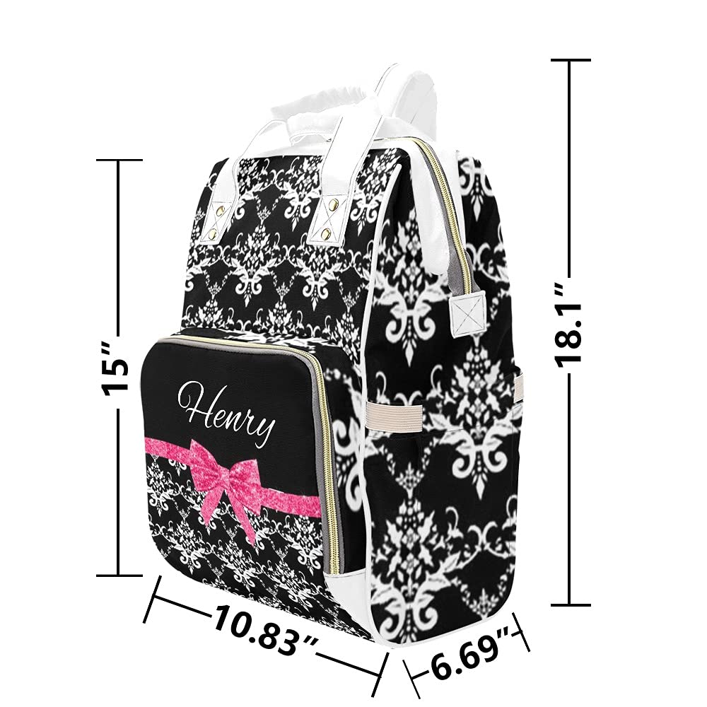 Black White Damask Pink Glitter Bow Diaper Bag Backpack with Name for Men Women Custom Personalized Nursing Baby Bags Shoulders Travel Bag Daypack