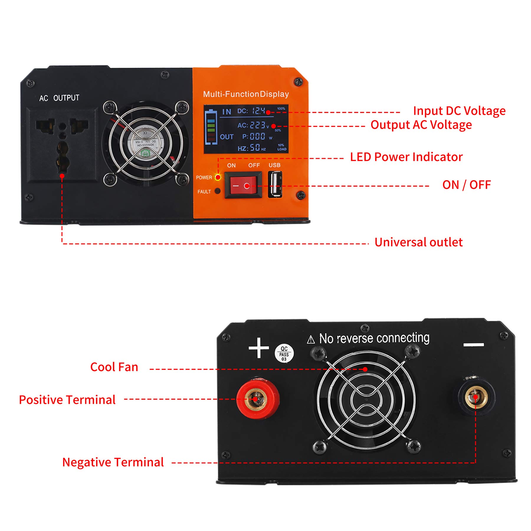 1000W LCD Display Pure Sine Wave Power Inverter DC 12V to AC 110V Converter with 2.1A Fast USB Charging Ports,Car Outlet Adapter Charger Plug Converter with Alligator Battery Clamp