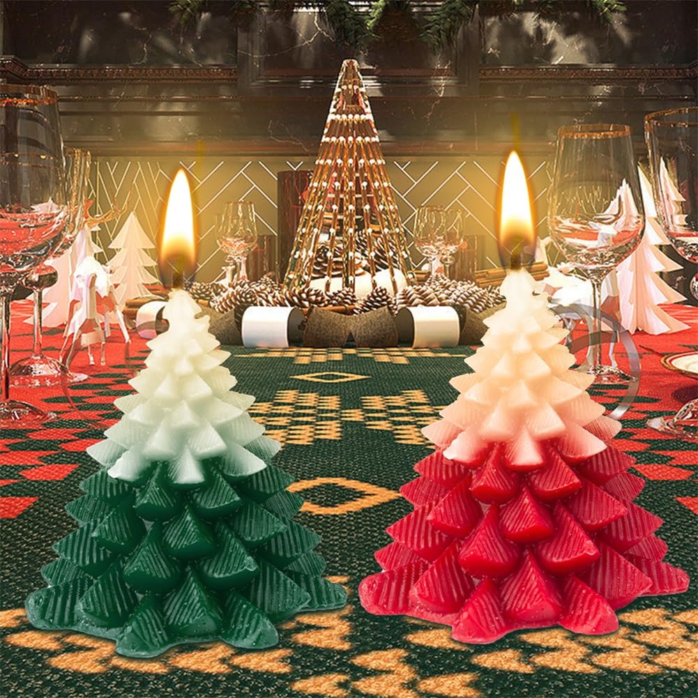 2 Pcs Large Christmas Candles Decor, Christmas Tree Shaped Scented Candle Tea Lights Candles Soy Wax Aromatherapy Candles Gift for Christmas Party Decor Home Table Holiday New Year Decorations