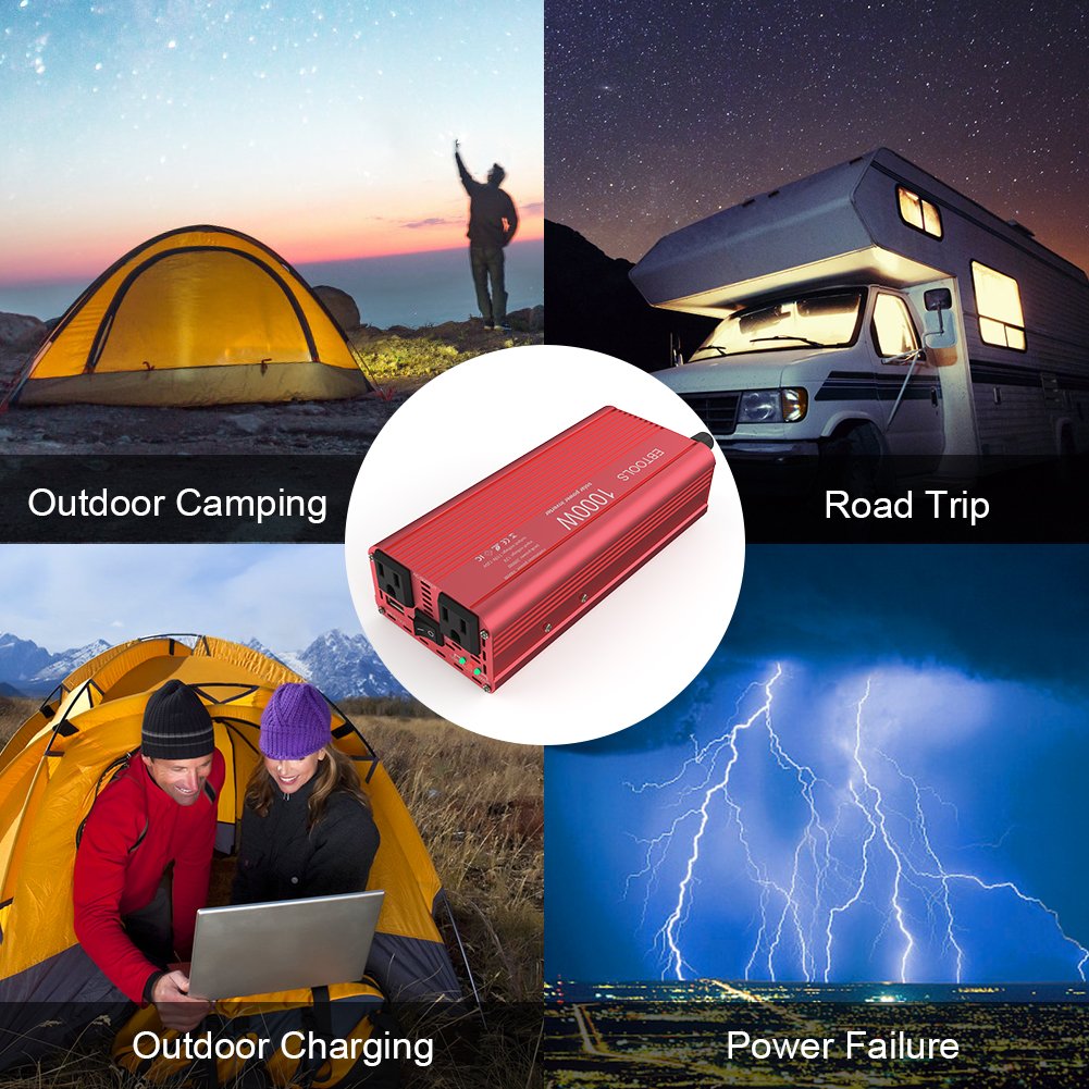 1000W/2000W Power Inverter 12V DC to 110V AC Car Converter with USB Charging Ports and Dual AC Outlets