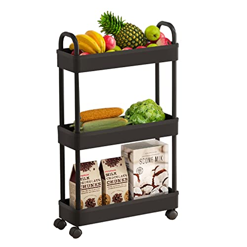 AntDesign Slim Storage Cart, 3-Tier Organizers Mobile Shelving Unit Utility Cart Tower Rack for Bathroom Laundry Narrow Places (Black)