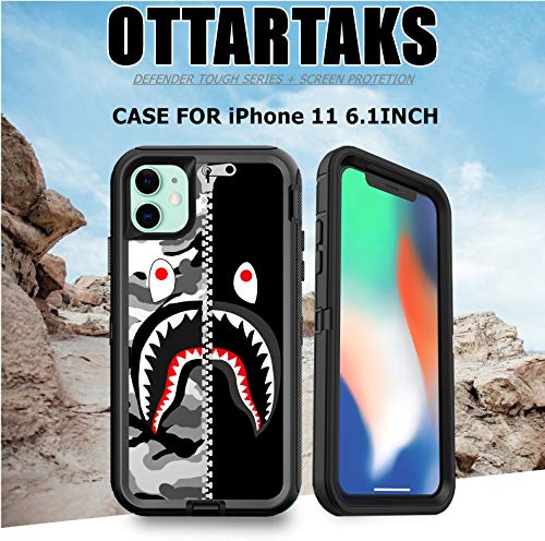OTTARTAKS iPhone 11 Case with Screen Protector, Street Fashion Full Body Rugged Heavy Duty Case for Boys Men, Shockproof 3-Layer Defender Protective Case for iPhone 11 6.1inch, Camo Shark