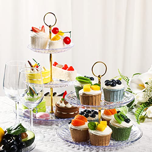 14 Pieces Tiered Cupcake Stand Set Gold 2-Tier 3-Tier Serving Stand Tower Tray with Round Rectangle Food Serving Trays Long Slim Dessert Stand for Party Baby Shower Wedding (Crystal Style)