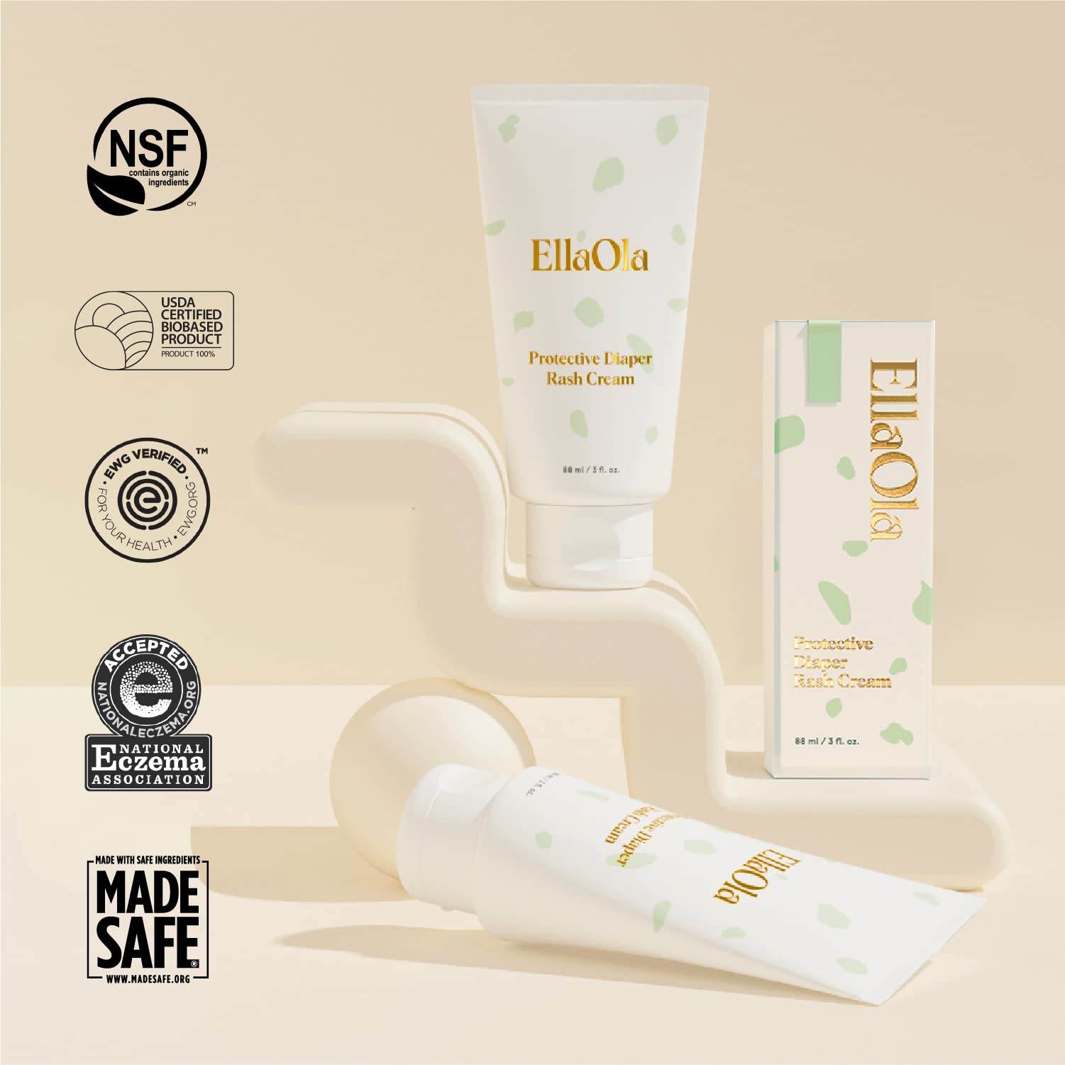 EllaOla Organic Protective Baby Diaper Rash Cream for Sensitive Skin - 14% Zinc Oxide Rash Ointment Cream Soothes Irritation, Protects from Chafing and Inflammation, Fragrance Free | 3 fl. oz.