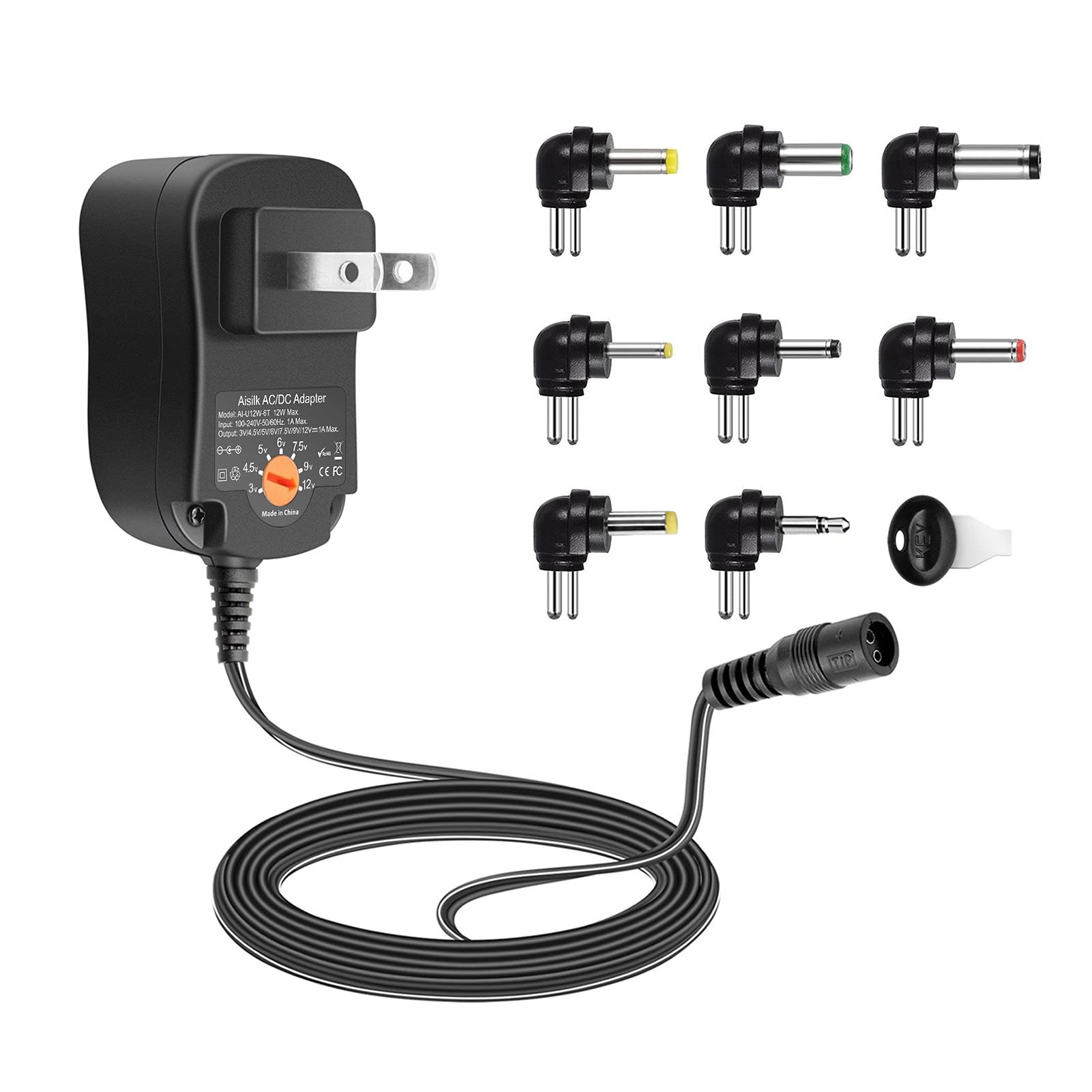 Aisilk Multi-Voltage AC DC Power Adapter 3V-12V 1000mA 1A Max 12W Universal Switching AC/DC Charger W/ 8 Adapter Plugs Compatible with 3V 4.5V 5V 6V 7.5V 9V 12V Electronic Devices