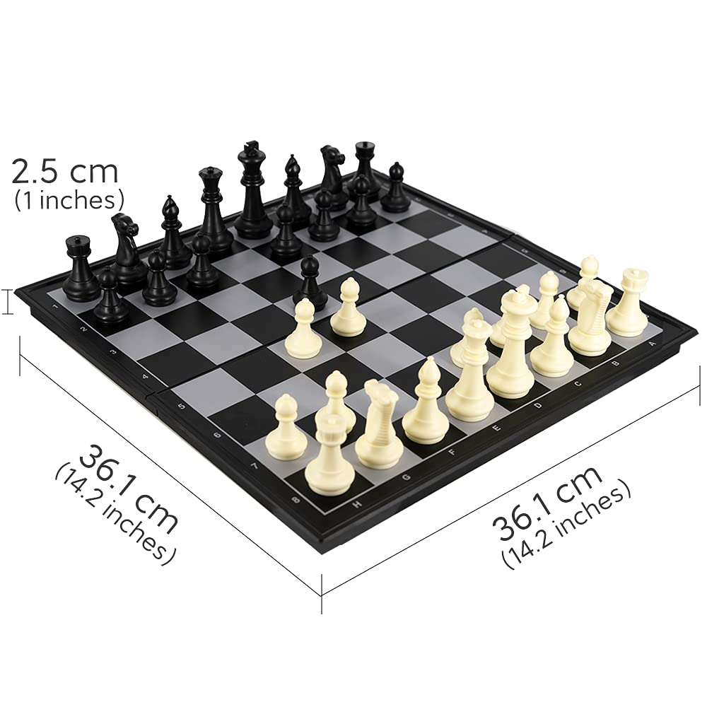 4-in-1 Chess, Checkers, Backgammon Set with Bonus Strategy Card Game - Magnetic Board with Felt Pieces and Folding Case (14.2 Inches)
