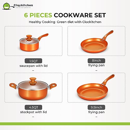 6-piece Non-stick Cookware Set Pots and Pans Set for Cooking - Ceramic Coating Saucepan, Stock Pot with Lid, Frying Pan, Copper