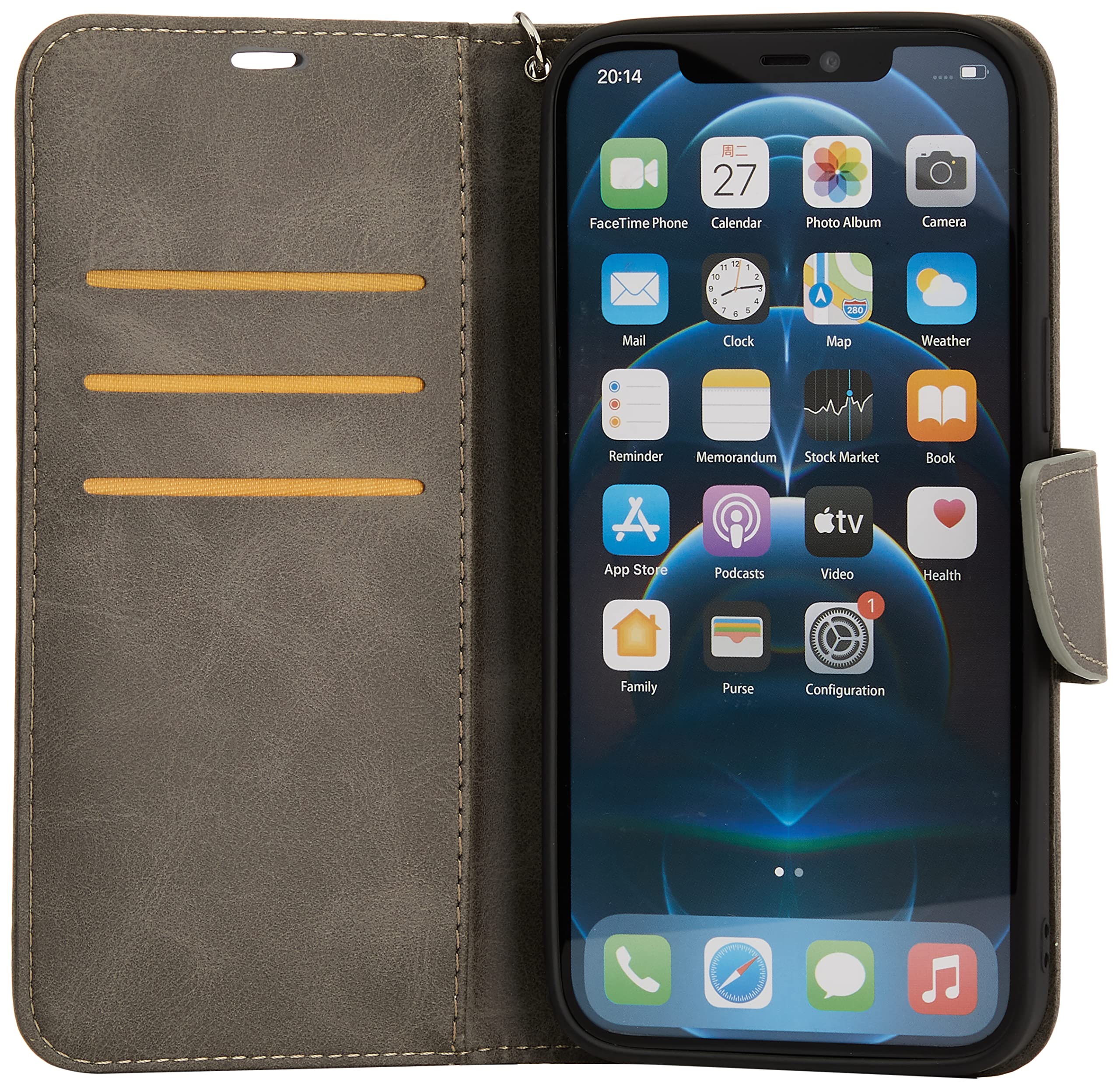 GLOW Co., Ltd. iPhone 12 Pro Max Notebook Type Case with Strap, Gray, Tempered Glass & Stylus Pen 407-2-01