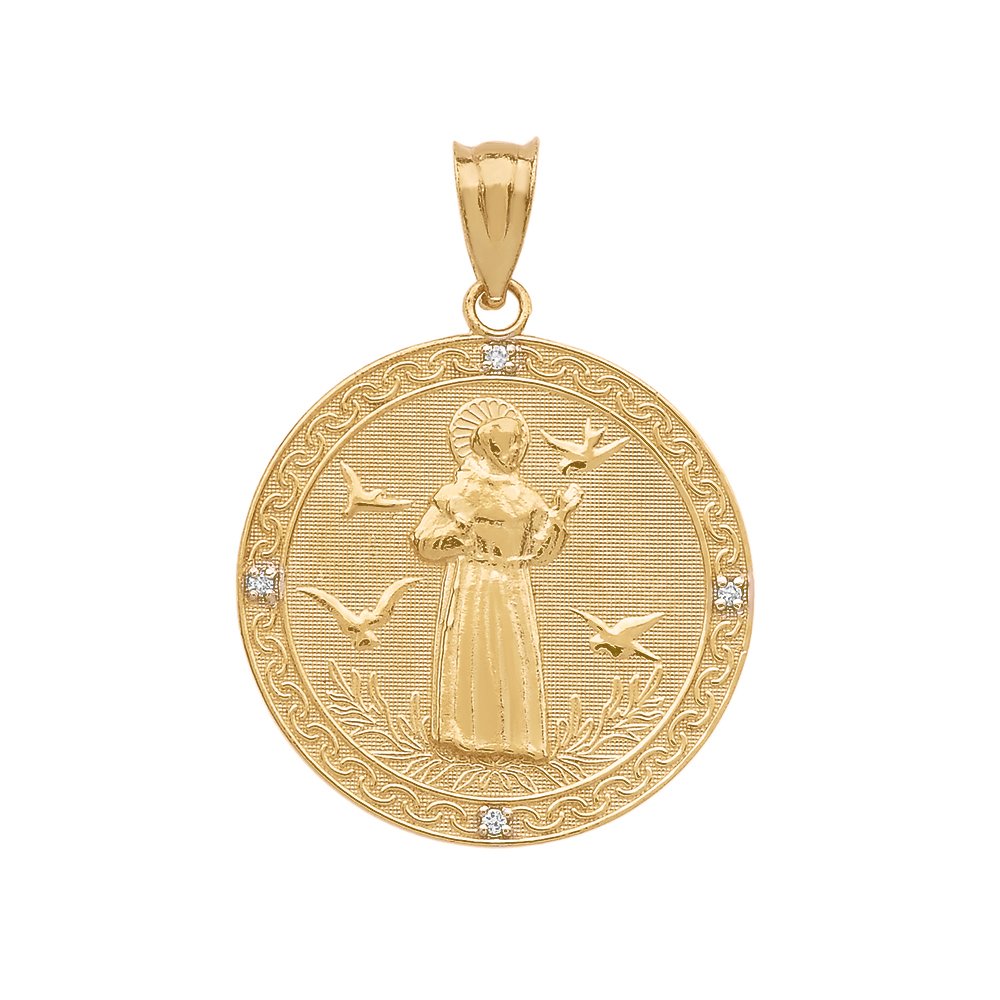 10k Gold Saint Francis Of Assisi Diamond Round Medal Charm Pendant (Medium)