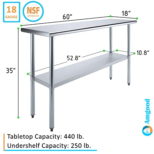 18" X 60" Stainless Steel Work Table with Under-Shelf | NSF Kitchen Island Food Prep | Laundry Garage Utility Bench