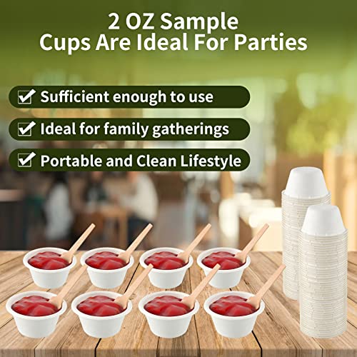 100 Set 2 oz Portion Cups Paper Souffle Portion Cups with Wooden Spoons Disposable Chili Cook Off Sample Cups for Party Supplies (100)
