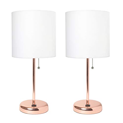 Limelights LC2002-RGD-2PK Rose Gold Stick Lamp with USB Charging Port and White Fabric Shade 2 Pack Table Desk Lamp Set