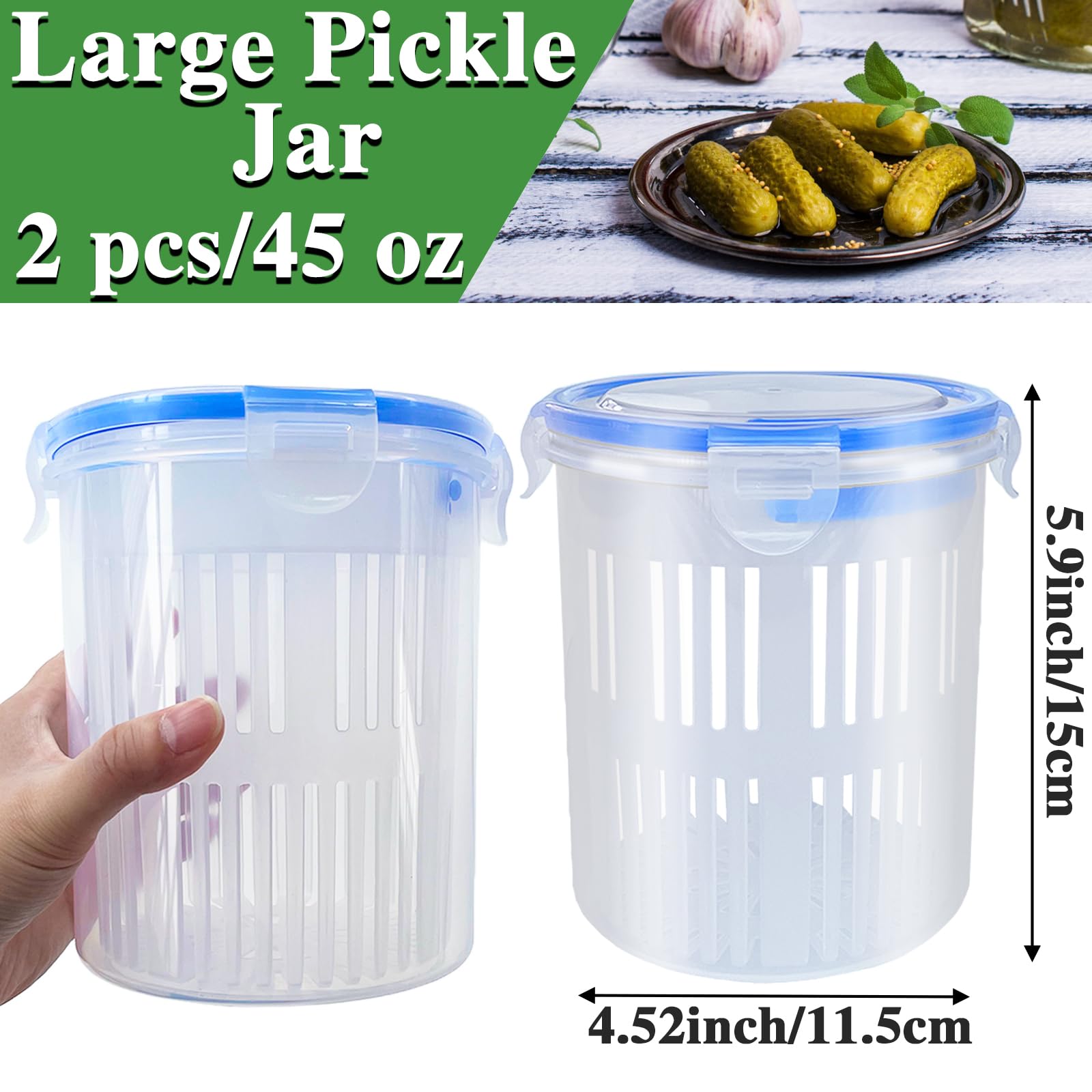 2 Pcs Pickle Jar with Strainer,45 oz Large Pickle Jar Container Leak Proof and Lock It Lid,Jalapeno Container Pickled Food Container for Olive Gherkin Dill Sliced Pickles