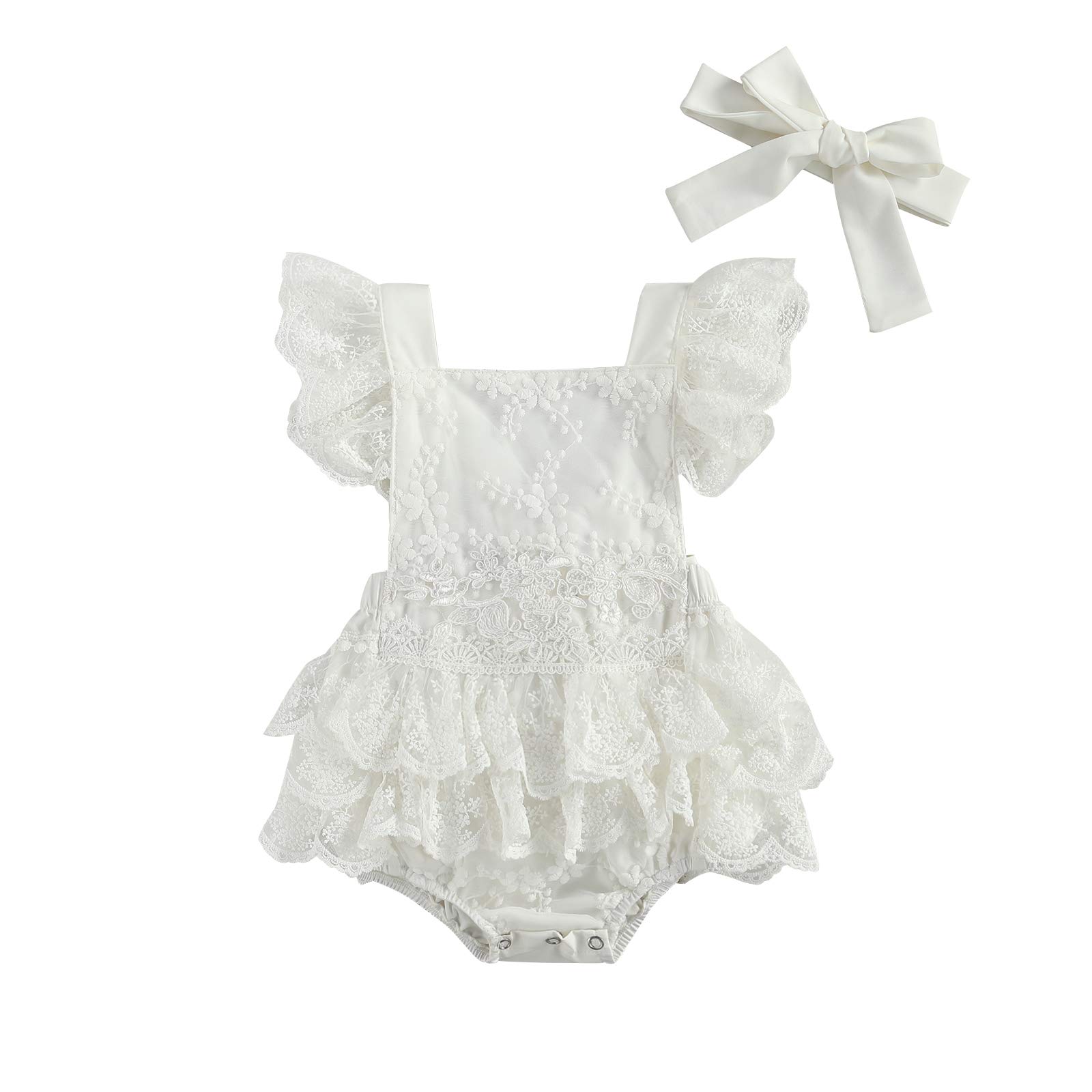 Newborn Baby Girl Romper Lace Tutu Dress Bodysuit Ruffle Sleeveless Jumpsuit with Headband Summer Outfits (White, 0-6 Months)