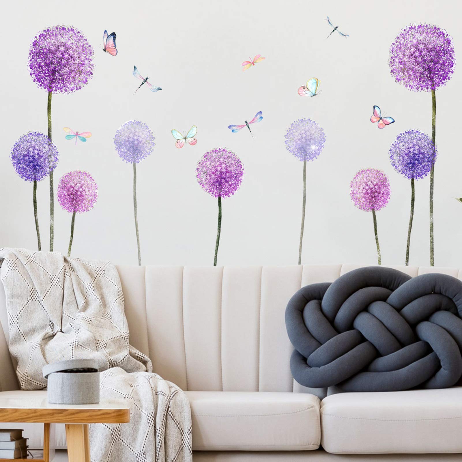 Dandelion Plant Wall Decals, Flying Violet Flowers Butterflies Dragonfly Wall Stickers, DILIBRA Removable Peel and Stick DIY Art Vinyl Mural for Classroom Kids Bedroom Bathroom Nursery Home Decor