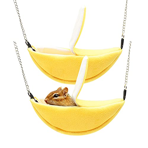 Amakunft 2 Packs of Banana Hamster Hammock, Yellow Hamster Bed for Cage, Cute Syrian Hamster Hammock, Soft Dwarf Hamster Bed for Sugar Glider/Mouse/Rat/Squirrel