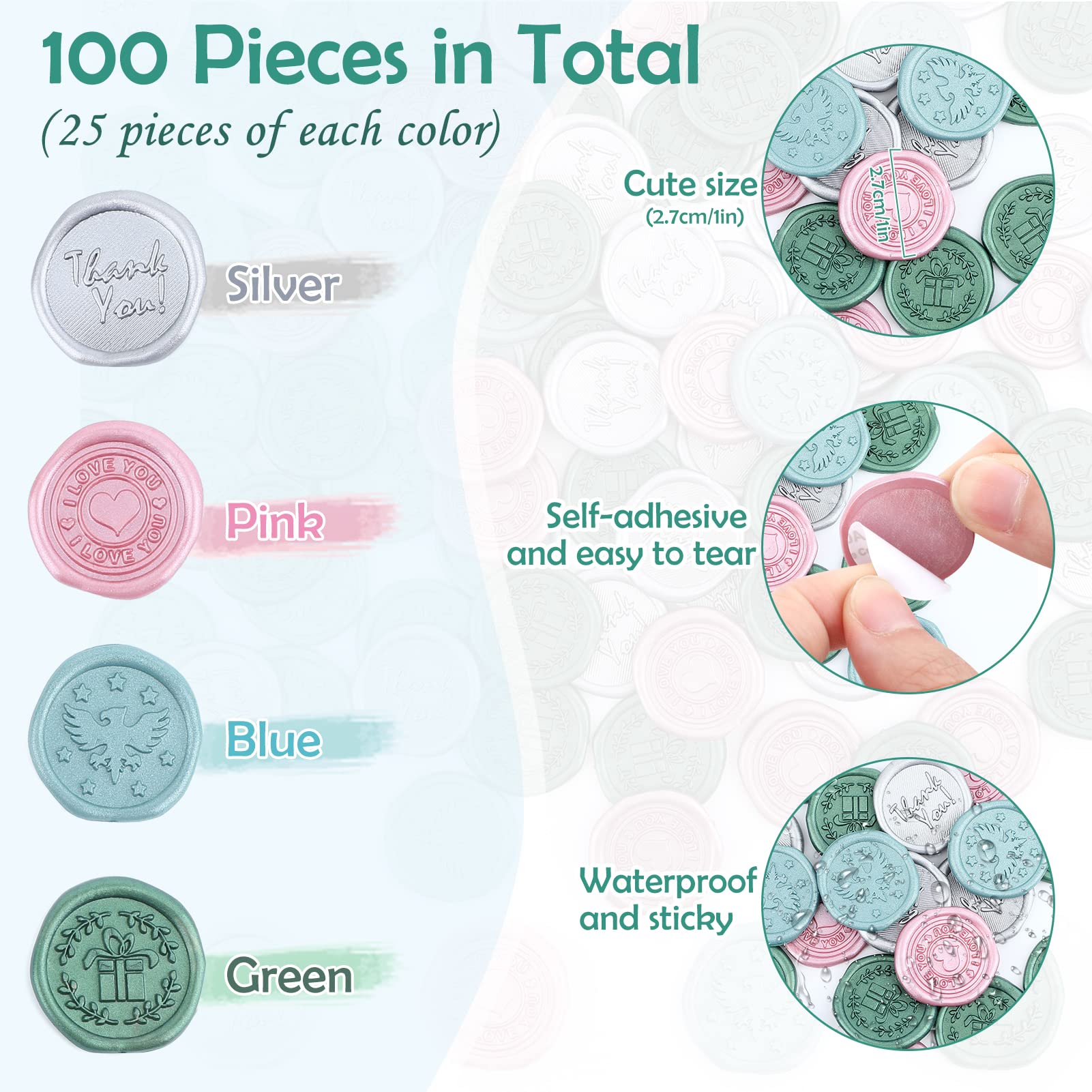 100 Pcs Adhesive Wax Seal Stickers in 4 Styles, Vickes Envelope Seal Stickers Wedding Stickers Self Adhesive Stickers for Christmas Halloween Birthday Brida