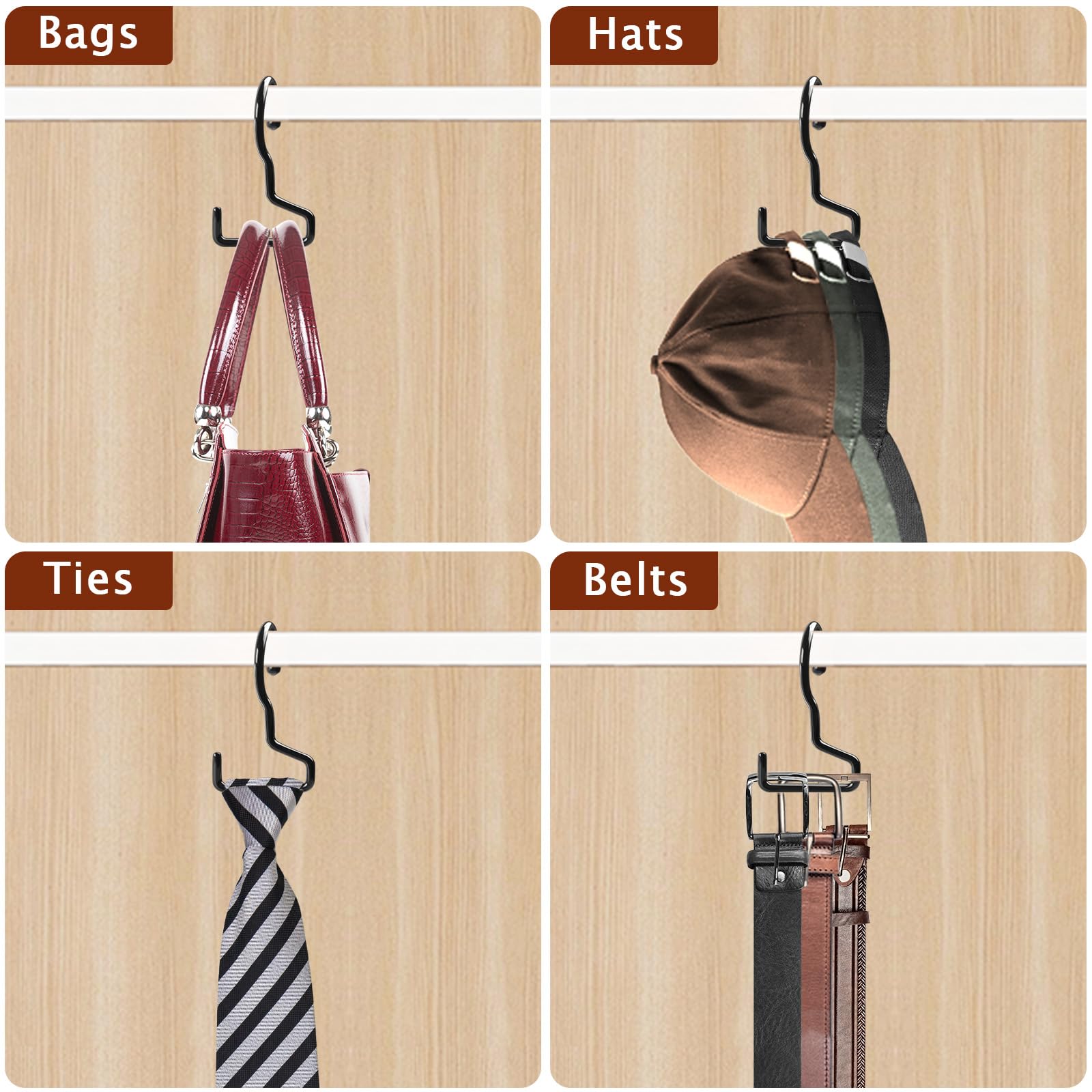 12 Pack Purse Hanger for Closet, 4 Inch Closet Purse Organizer Bags Hanger Purse Hooks,Vinyl Coated Black Closet S Hooks for Hanging Clothes, Hat, Belt, Backpack, Scarves, Jeans, Pans and Pots