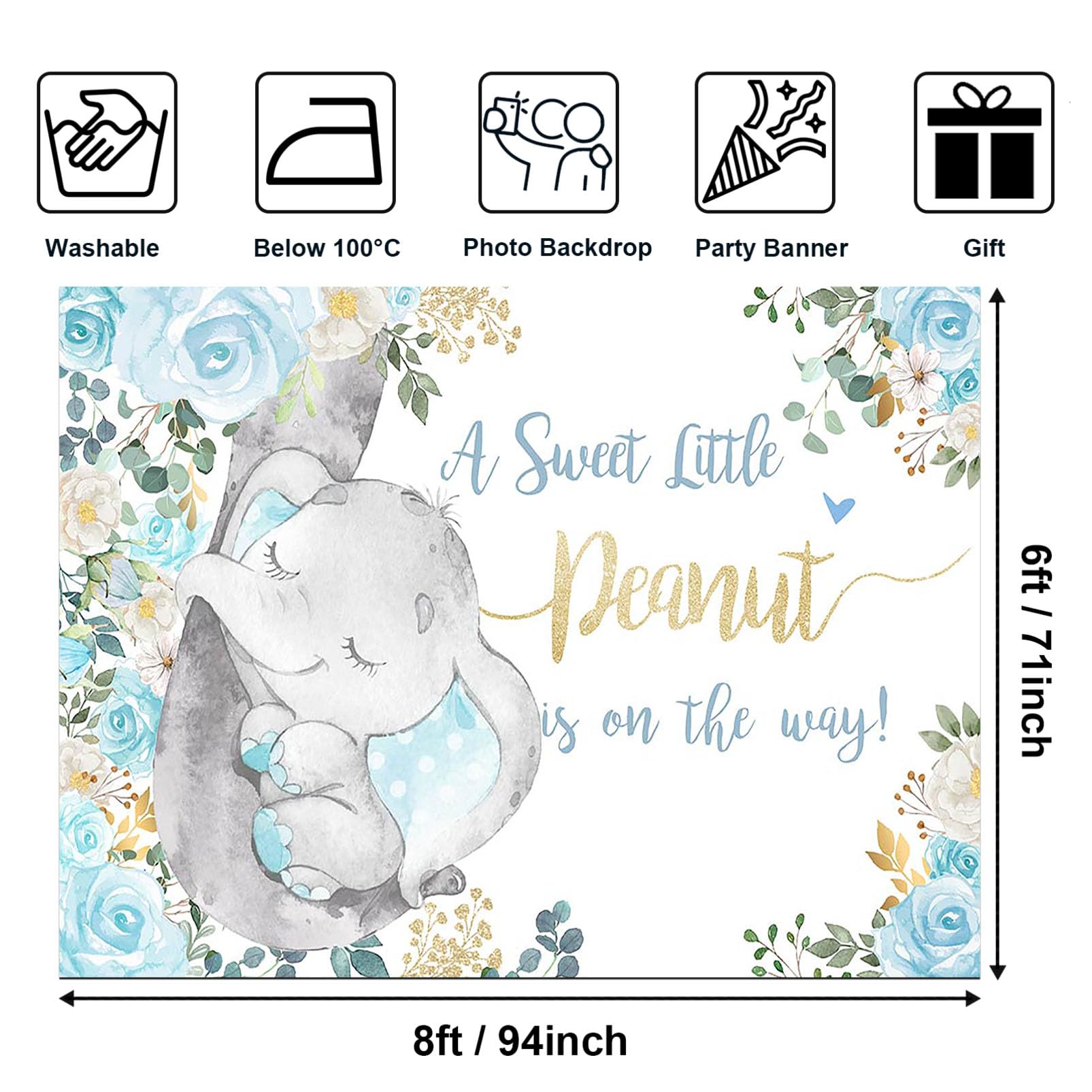 Avezano Boy Elephant Baby Shower Backdrop Blue Floral Rpse Jungle Elephant Baby Shower Background Vinyl Blue and Gold Elephant Baby Shower Party Decorations Backdrops for Boys (8x6)