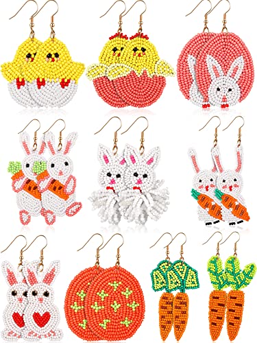 10 Pairs Easter Beaded Earrings for Women Bohemian Statement Handmade Beaded Drop Earrings Bunny Bead Dangle Earrings (Cute Style)