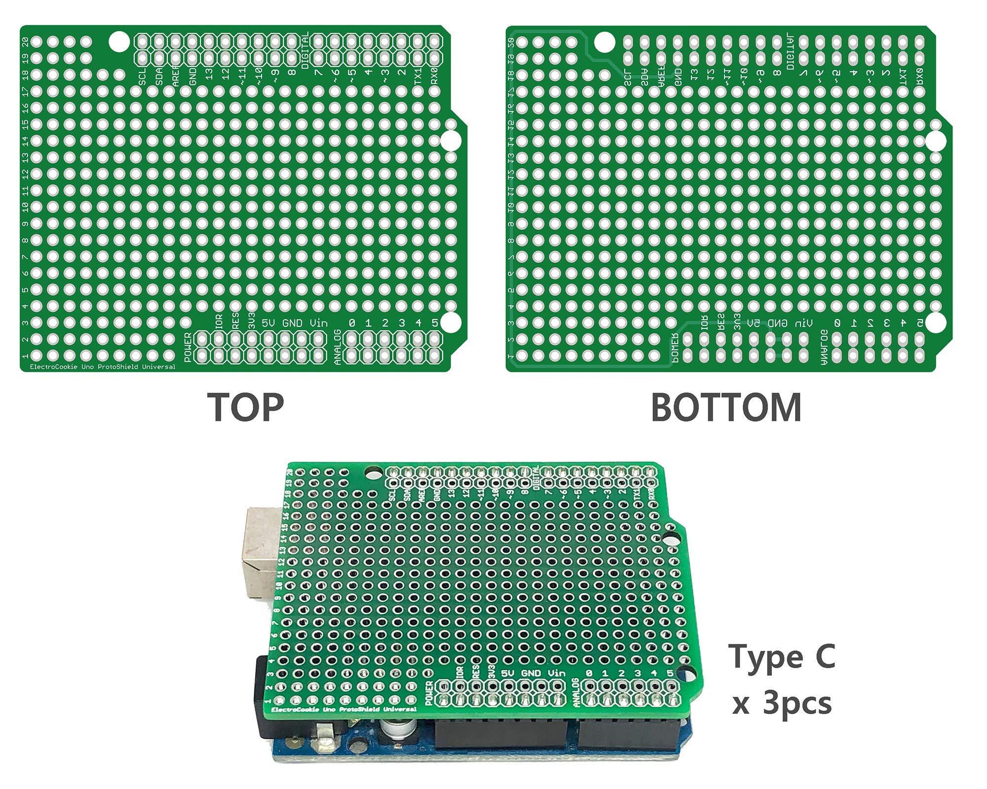 ElectroCookie Proto Shield Kit Compatible with Arduino Uno R3, Expansion Prototyping PCB Board (3 Types, 9 Pack)