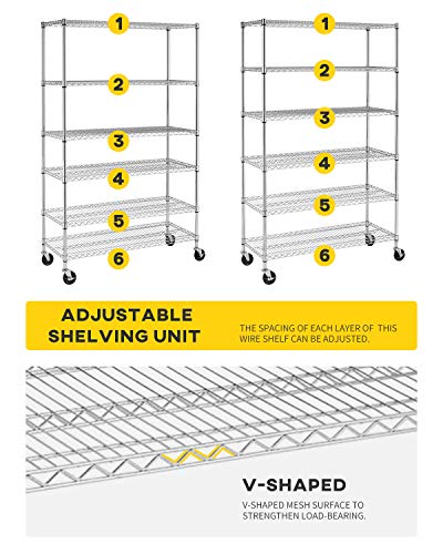 BestMassage Wire Shelving Unit Heavy Duty Garage Storage Shelves Large Metal Shelf Organizer 6-Tier Height Adjustable Commercial Grade Utility Steel Storage Rack with Wheels,18 x 48 x 72 (Chrome)