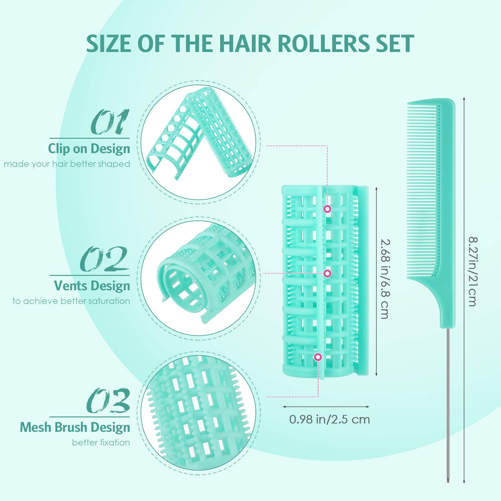 Syhood 12 Pieces Snap Hair Roller, Large Size Plastic Hair Rollers Curlers with Rat Tail Comb for Hairdressing Styling Tools(6.8 x 2.5 cm,Light Green)