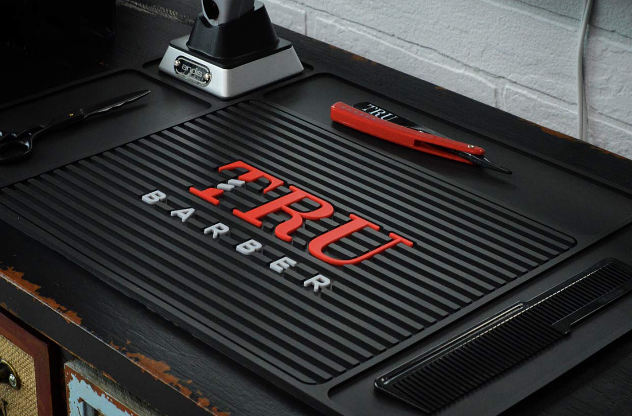 TRU BARBER Organizer Mat 18" X 13” (BLACK) Flexible PVC Station Mat, Salon Barbershop work station pads, Beauty salon tools, Counter mat for clippers, anti slip