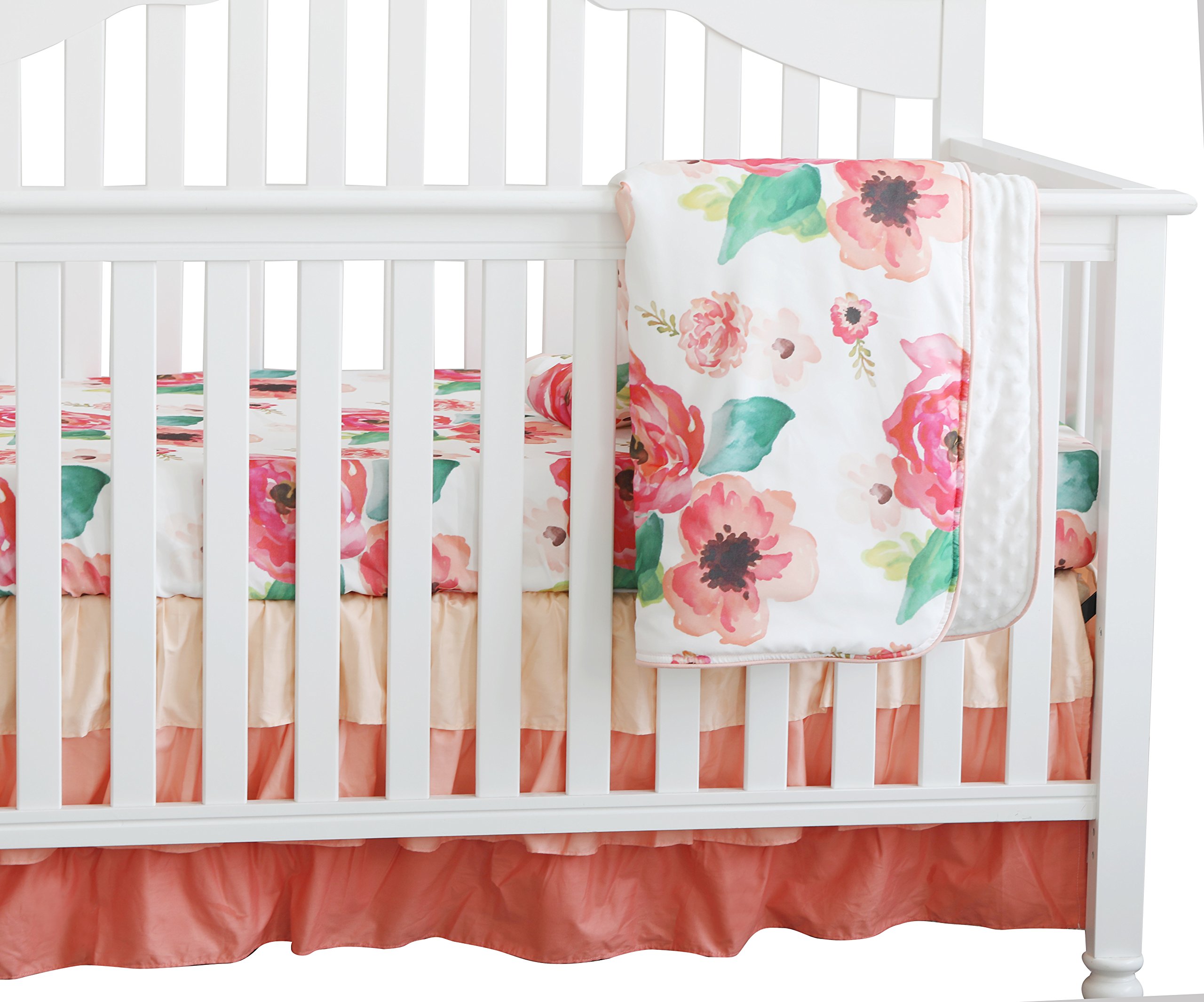 3 pcs Set Boho Floral Ruffle Baby Minky Blanket, Peach Floral Nursery Crib Skirt Set Baby Girl Crib Bedding (Coral)