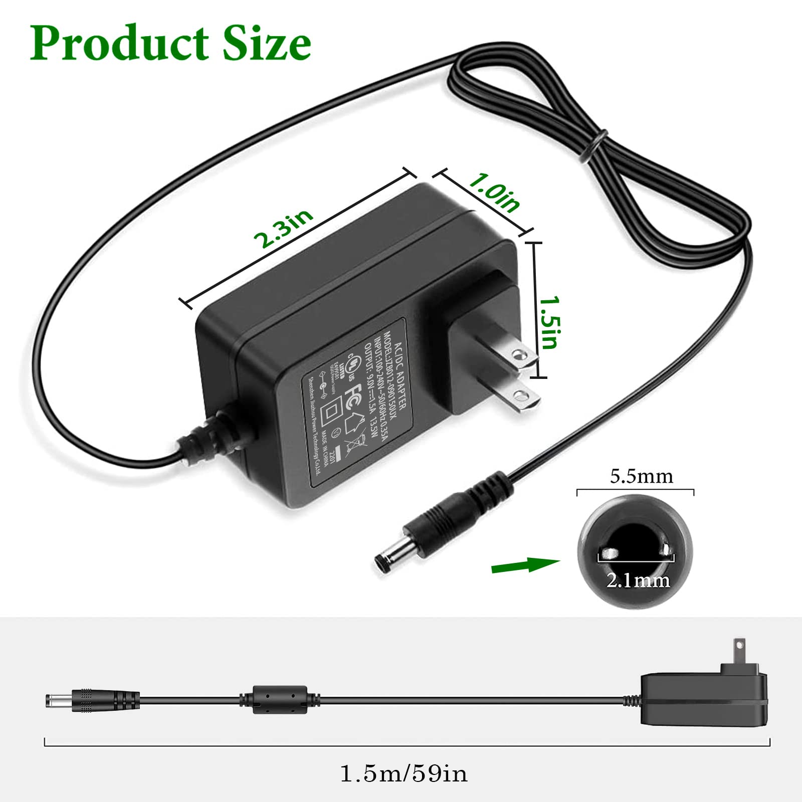 Gonine 9V DC Power Supply Cord, 9Volt 1.5A AC DC Adapter for 9Vdc Arduino UNO R3 Schwinn Bike A10 A20 Crosley Record Player CR8005A Center Positive DC Plug.