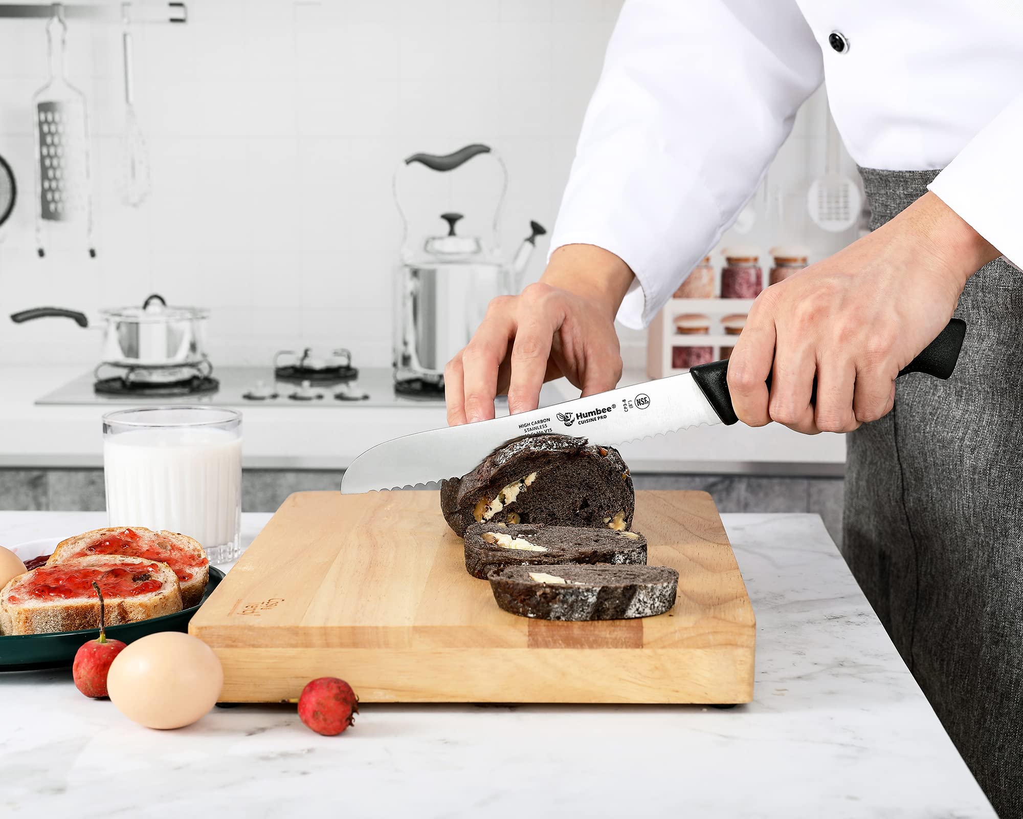 Humbee Cusine Pro, 8 inch Bread Knife, Serrated Knife Wave Razor-Sharp Blade Comfortable Grip Dishwasher Safe, NSF Certified, Black