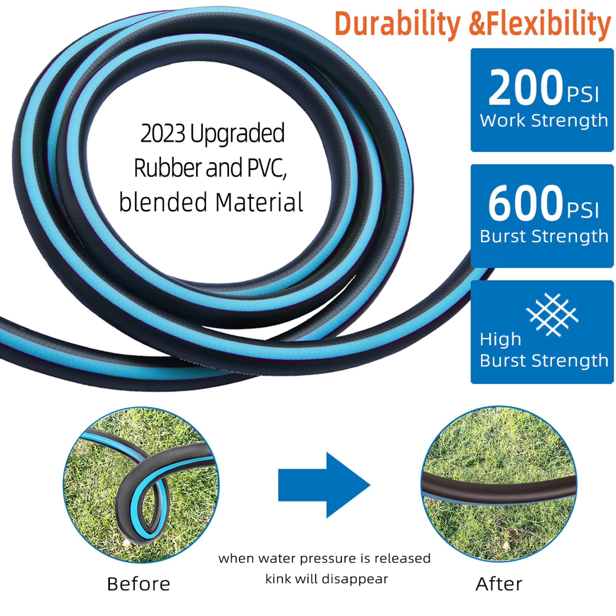 100 ft Heavy Duty Hybrid Garden Hose β Flexible & Lightweight Outdoor Water Hoses 5/8-In with 10 Pattern Spray Nozzle,Burst 600 psi, Kink-less Rubber Hose Car Washing Pipe, 3/4'' Solid Brass Fittings