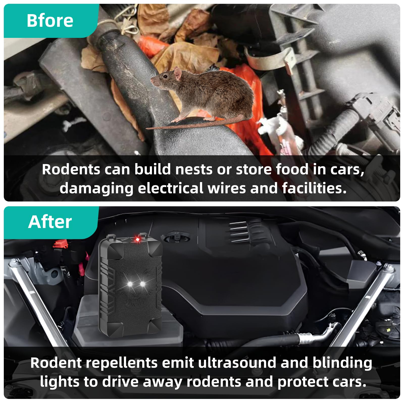 2 Pcs Under Hood Rodent Repeller with Strobe Light & 3 Power Supply Methods, Professional Ultrasonic Mouse Repellent Rat Squirrel Deterrent for 12V Cars Trucks RV Engine Bay Warehouse Attic