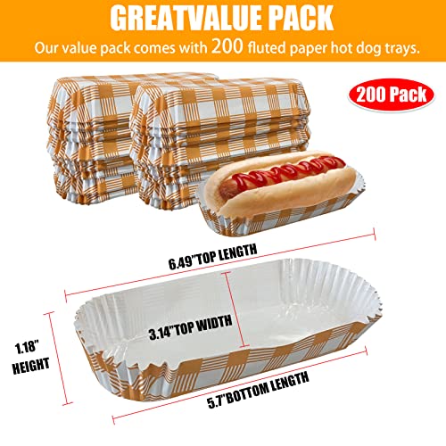 200Pcs Home Paper Hot Dog Trays- 6.49β Rectangular Fluted Hot Dog Tray - Disposable Hot Dog Wrappers - Rectangular Food Trays for to-Go Orders, Takeout, Concessions Stands, Festivals (Orange)