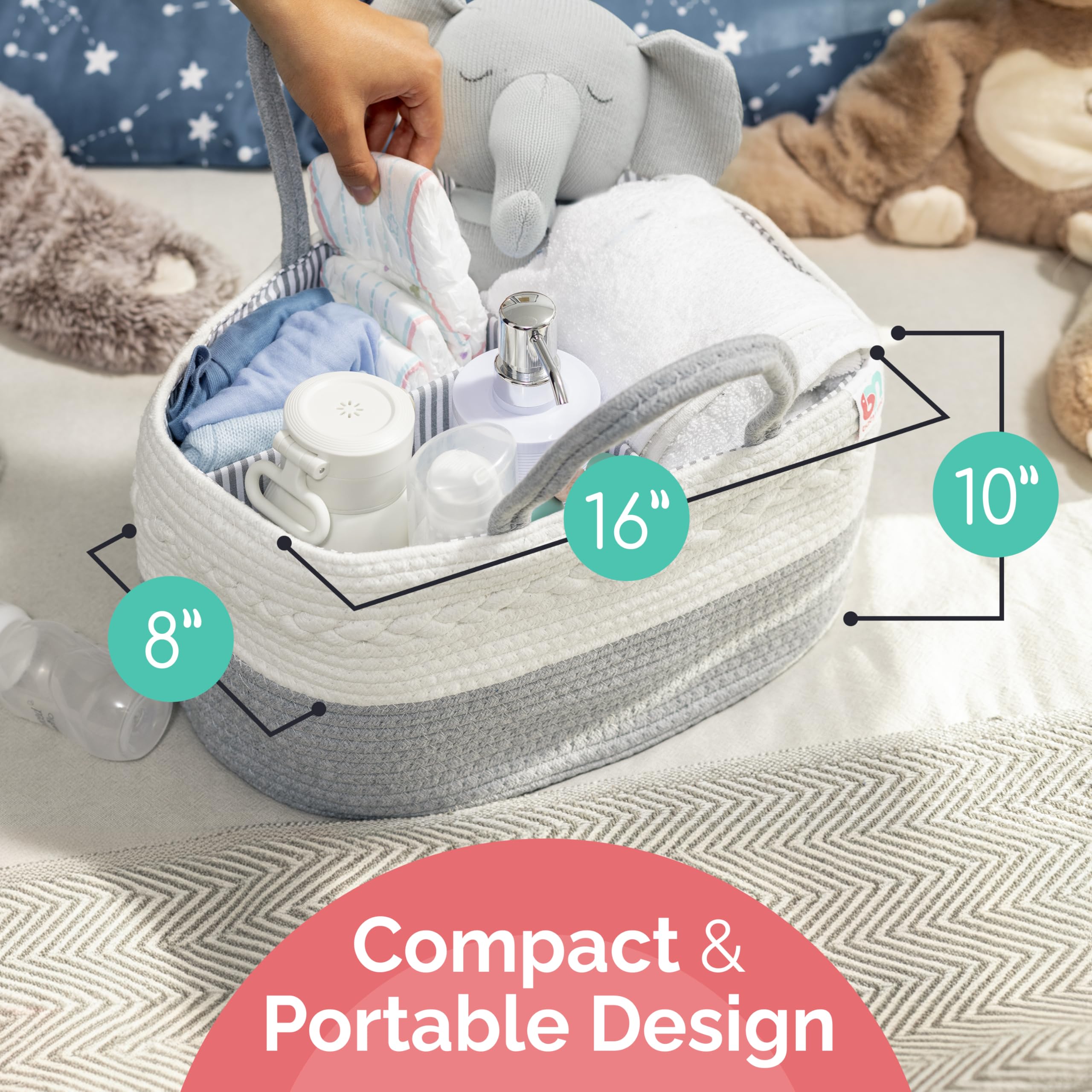 Babynma Rope Diaper Caddy - Storage for Baby and Toddler Items - Portable Cotton Organizer Easily Holds Diapers, Wipes, Clothing - Useful for Nursery, Bedroom (Gray, Extra Large)