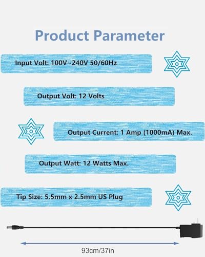 12V DC Power Supply 1A Universal AC Adapter, 100-240 50/60Hz AC to DC 12 Volts 1Amp Power Adapter Transformer, DC 12V Power Cord, 5.5mm x 2.5mm DC Plug & 1Tip