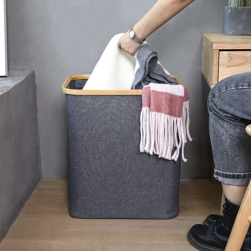 60L Capacity Bamboo Laundry Basket with Handle, Foldable Laundry Basket, Hamper