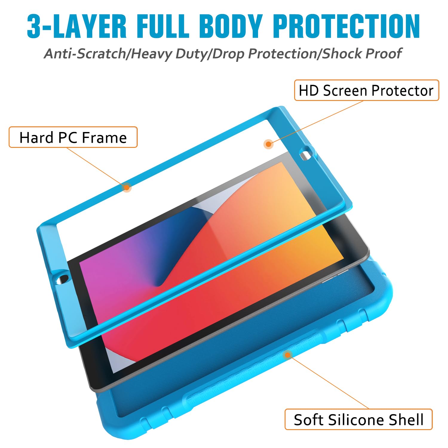 BMOUO iPad 8th/7th Generation Case for Kids,Built-in Screen Protector,Shockproof Case for New iPad 10.2” 2021/2020/2019 (8th Gen/7th Gen),Blue