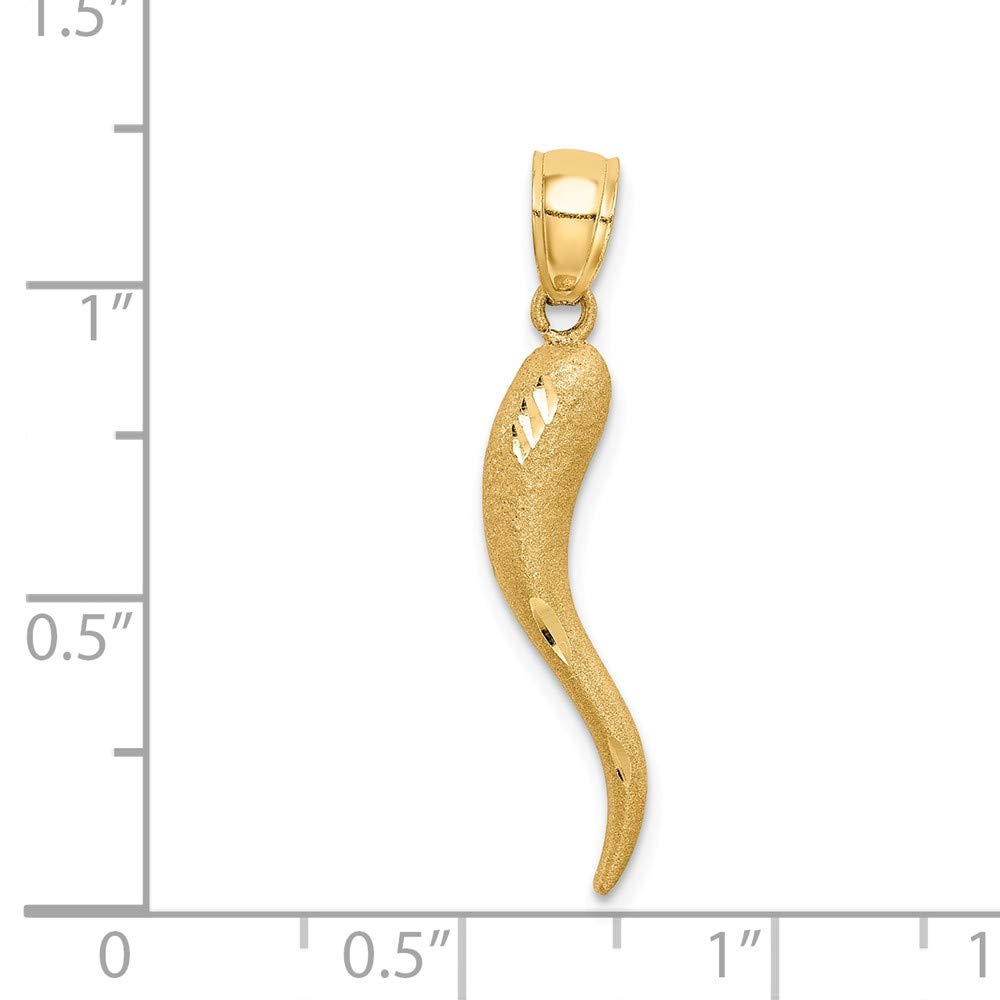14k Yellow Gold Solid Diamond-Cut Cornicello Italian Horn Protection Charm Pendant - 30mm x 5mm