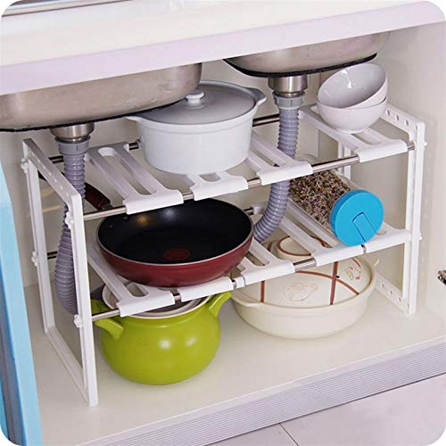 2-Tier Under Sink Organizers Storage Rack Extendable Kitchen Cabinet Shelf Organizer Rack Under Sink Shelf White;Length extendable from 15"to26"