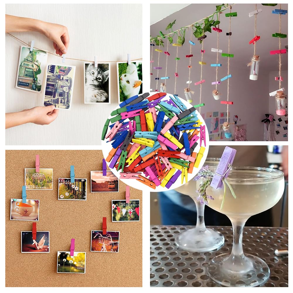 100 pcs Mini 25mm Natural Wooden Clips Photo Clips Clothespin DIY Wedding Party Wooden Clip Clips Pegs with 98 FT Jute Twine String(Blue)