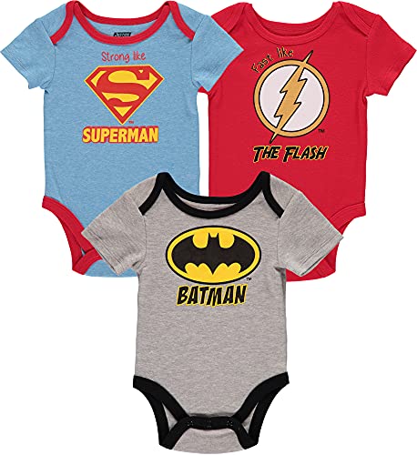 DC Comics Baby Boys Short-Sleeve Bodysuit Three Pack - Baby Boy Clothes Featuring Batman Superheroes (3 Pack, 3-6 Months